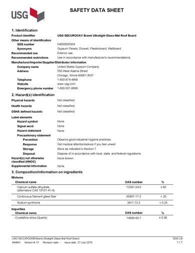 USG Securock® Brand UltraLight Glass‑Mat Roof Board